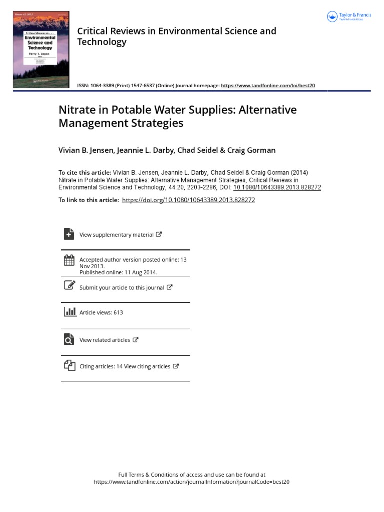 Nitrate In Potable Water Supplies Alternative Management Strategies