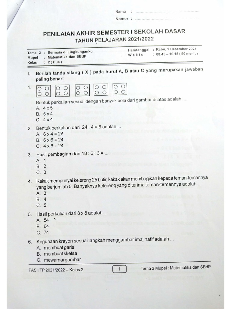 Soal Pas1 Tema2 Mat SBDP KLS 2 | PDF