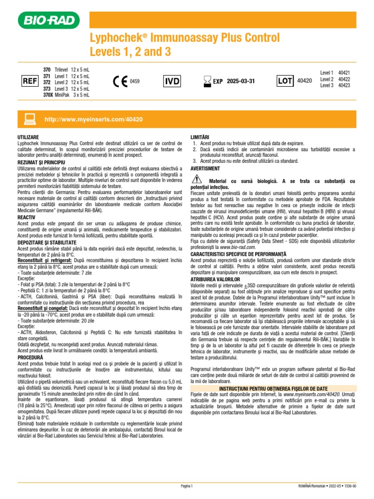 Lyphochek Immunoassay Plus Control Levels 1, 2 and 3: Pagina 1 - 2022 ...