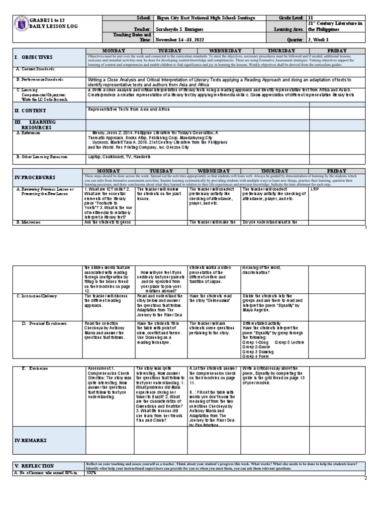 21st Century Lit DLL Quarter 2, Week 1 | PDF | Learning | Teaching Method 21st Century Lit DLL Quarter 2, Week 1 | PDF | Learning | Teaching Method