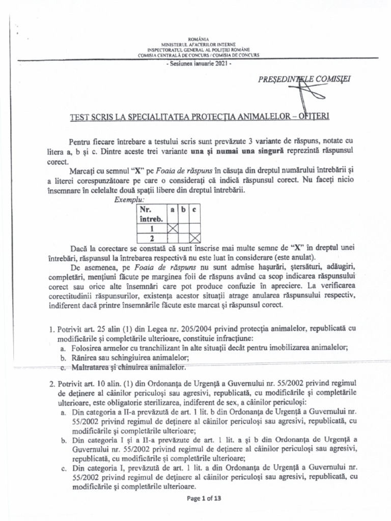 TEST TCO Protectia Animalelor Ofiteri Plus Grila Corectare | PDF