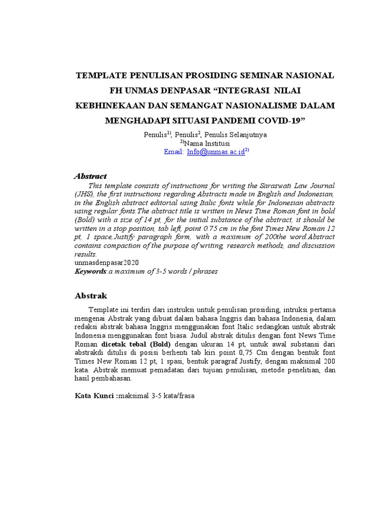Template Penulisan Prosiding Seminar Nasional FH Unmas Denpasar | PDF