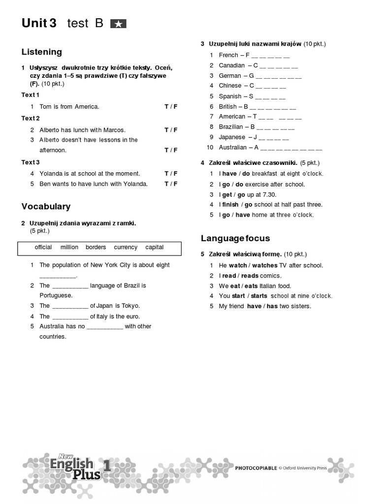 New English Plus 1 Unit 3 Basic Test B | PDF | Linguistics