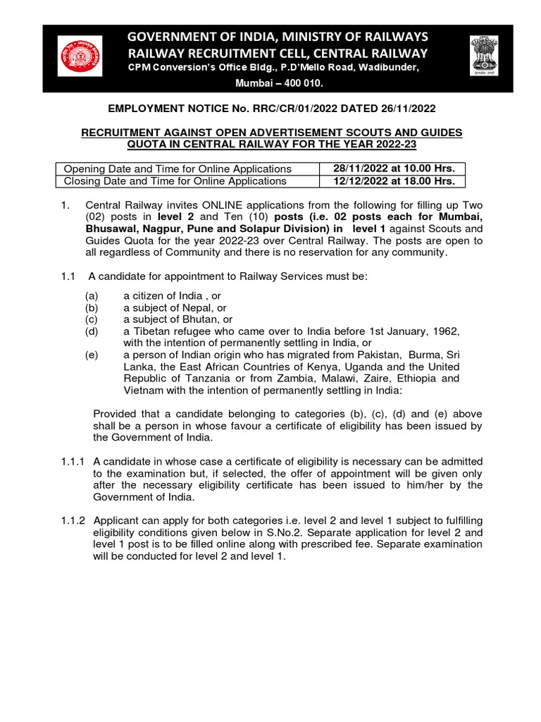 Government of India, Ministry of Railways Railway Recruitment Cell ...