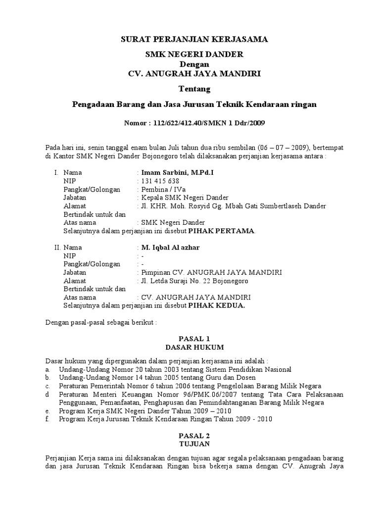25 Surat Perjanjian Kerjasama Pengadaan Barang Pdf