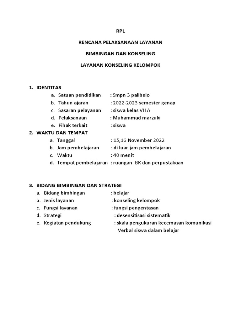 RPL Rencana Pelaksanaan Layanan Bimbingan Dan Konseling Layanan ...