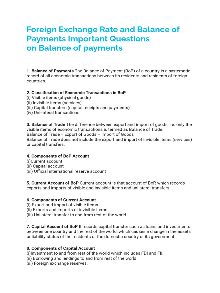 Balance of Payments and Foreign Exchange Rate Important Questions1 ...