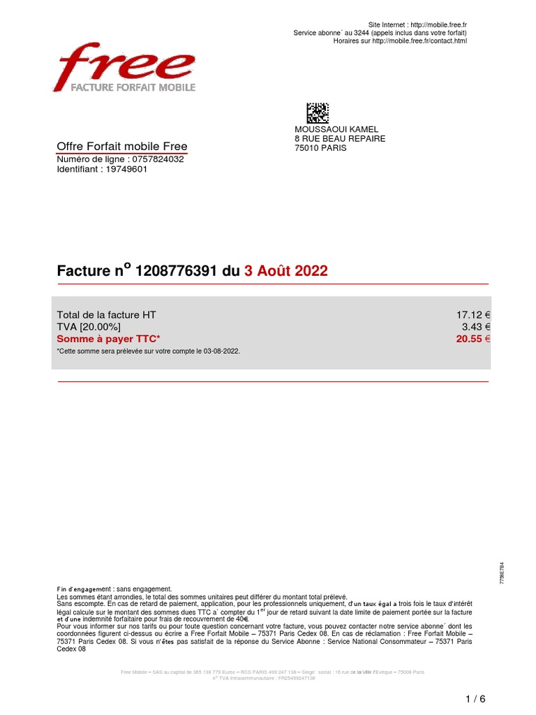 Facture Free Mobile d'Août 2022 | PDF | Taxe sur la valeur ajoutée ...