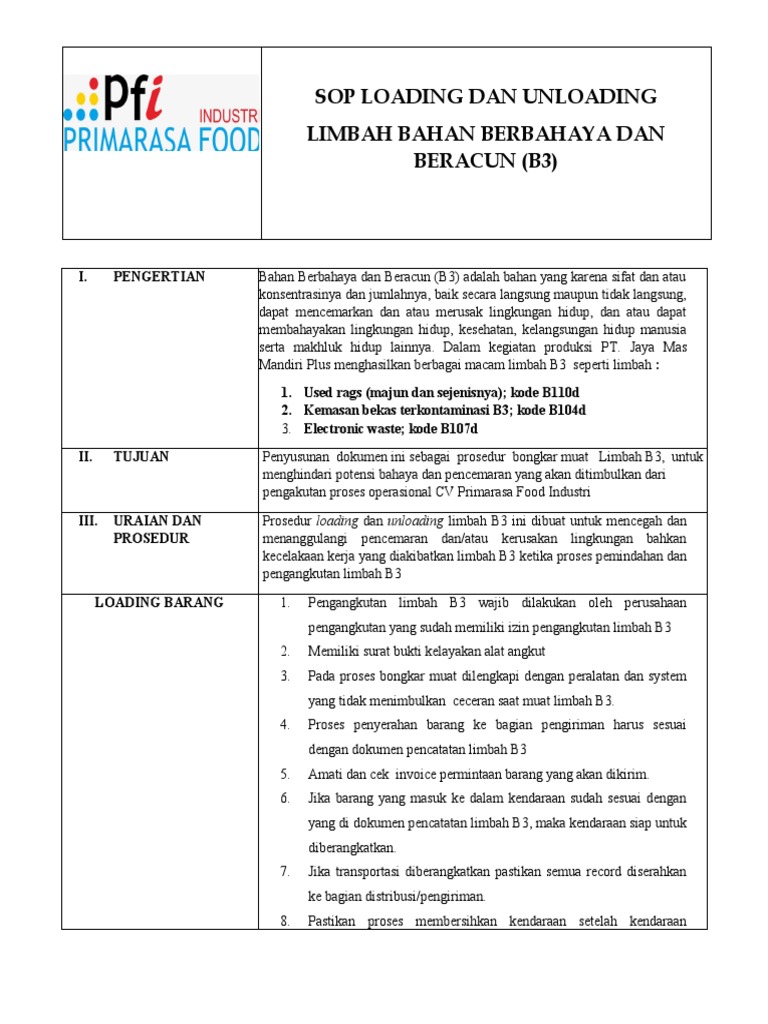 7 Sop Loading Dan Unloading Limbah B3 Pdf