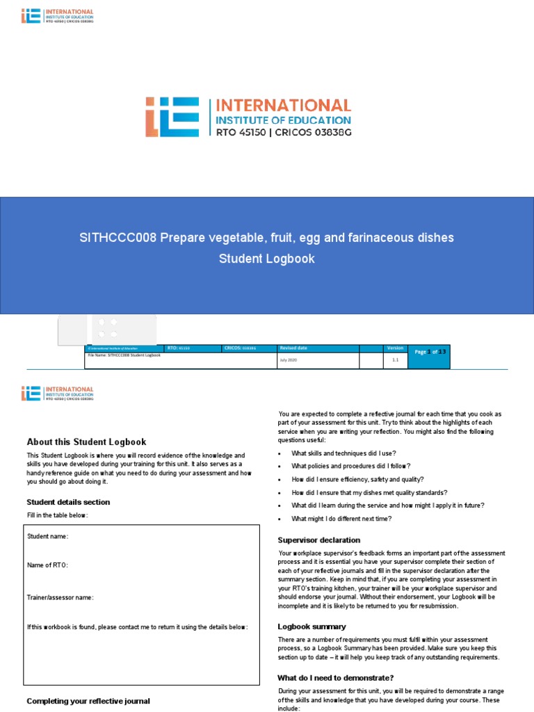 SITHCCC008 Student Logbook | PDF | Cooking | Foods