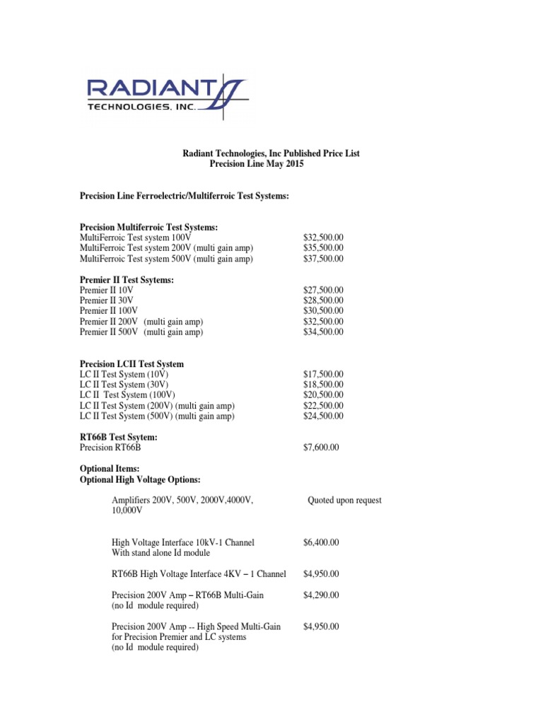 Radiant Technologies Precision Line Price List | PDF | Atomic Force ...