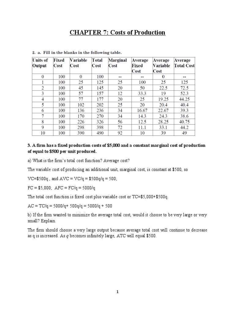 Answer CH 7 Costs of Production | PDF | Average Cost | Business Economics