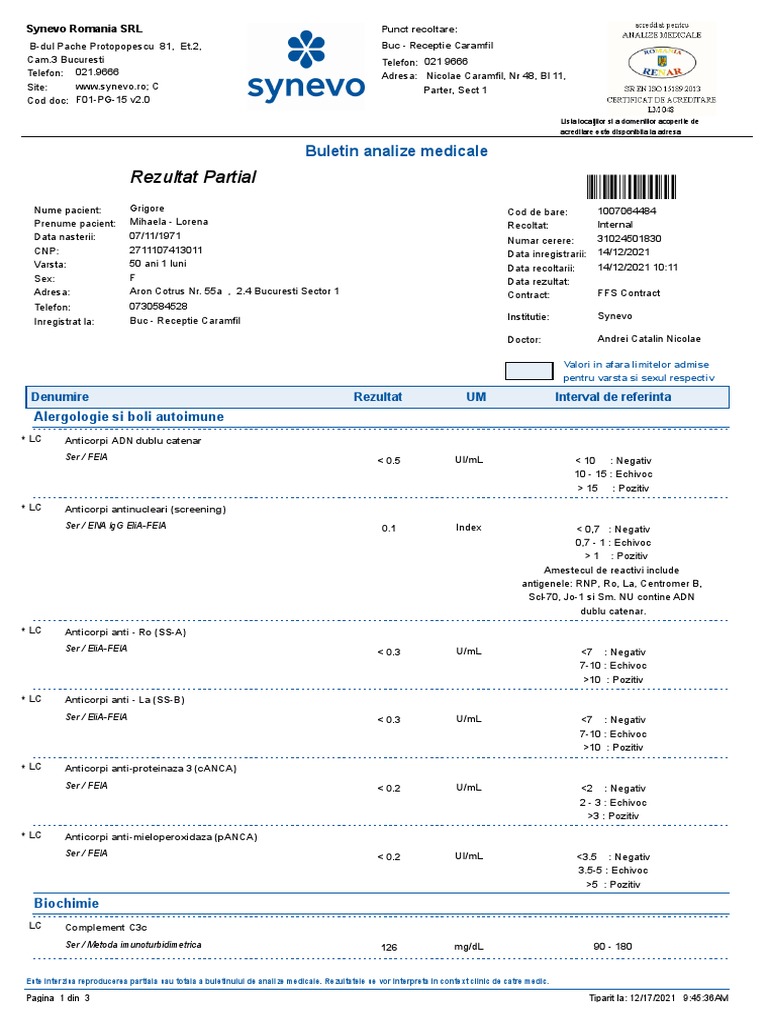 Rezultate Analize Dr. Catalin | PDF