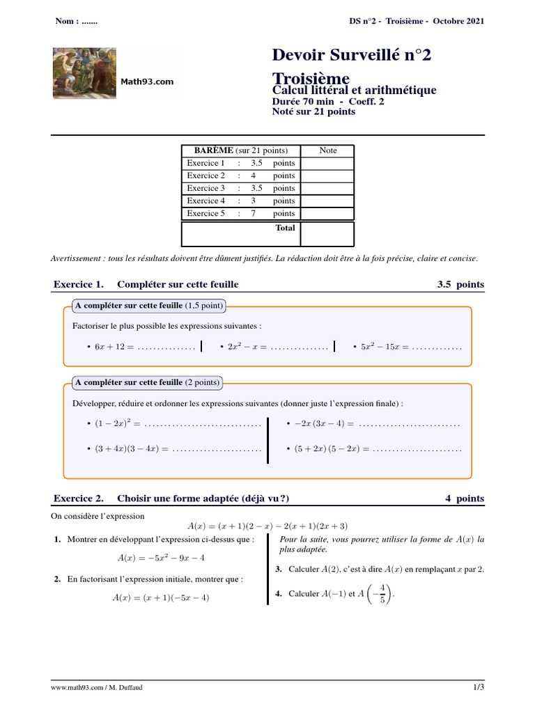 DS2 3e 2021 2022 Calcul Litteral | PDF | Mathématiques