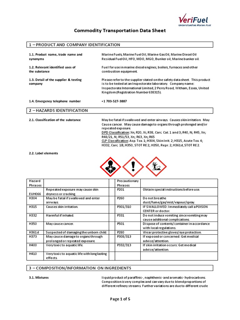 Verifuel MSDS | PDF | Toxicity | Fuel Oil