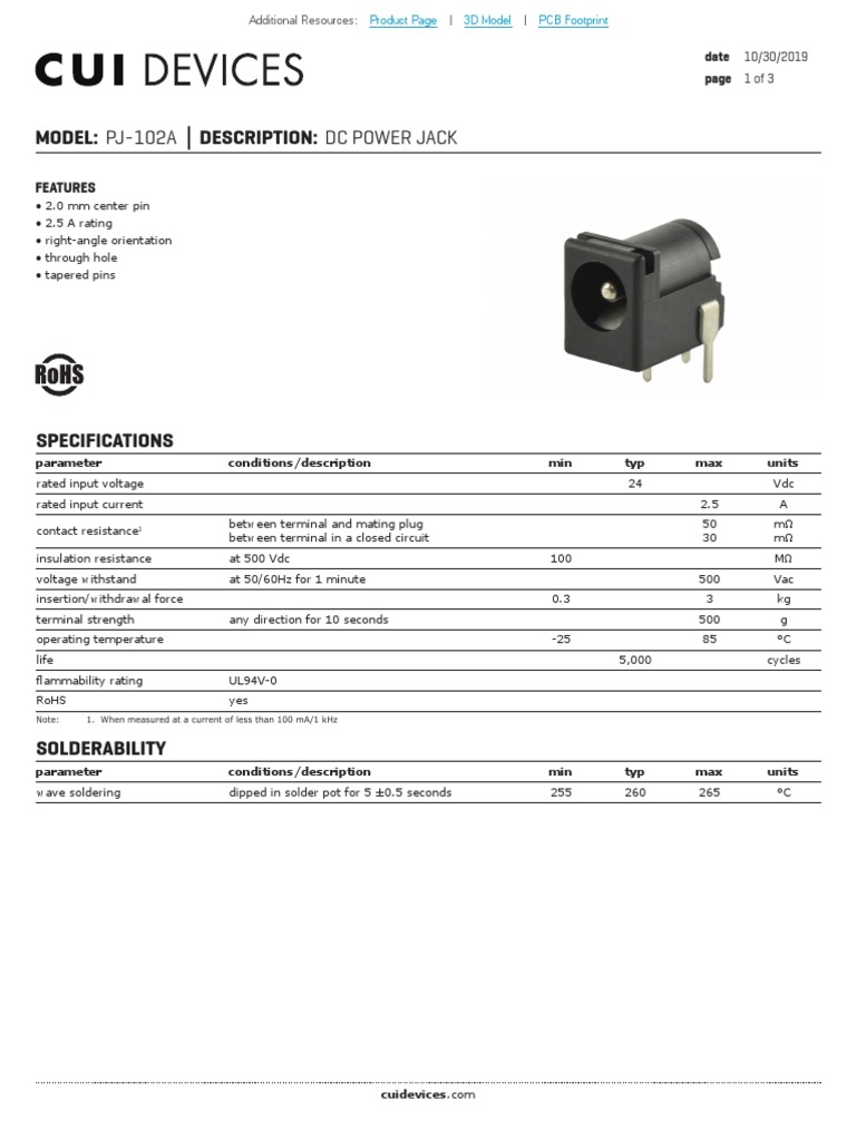 Datasheet - Jack - DC Power Connectors - PJ-102A | PDF | Electrical ...