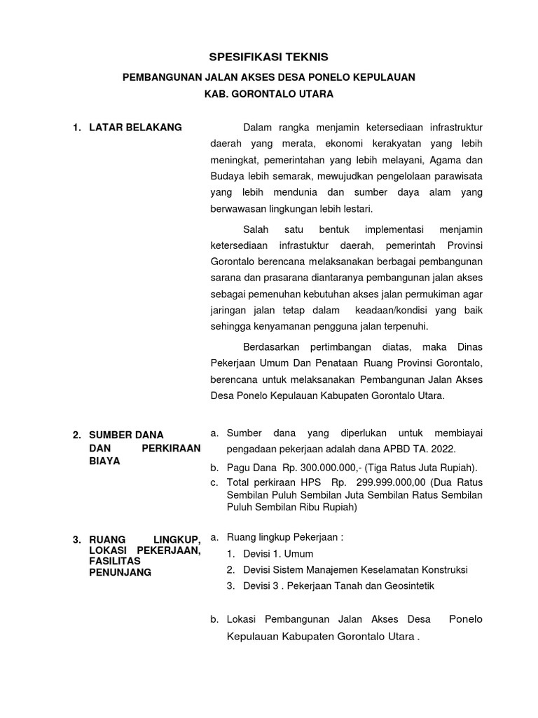 SPEKTEK Penbangunan Jalan Akses Desa Ponelo Gorut | PDF