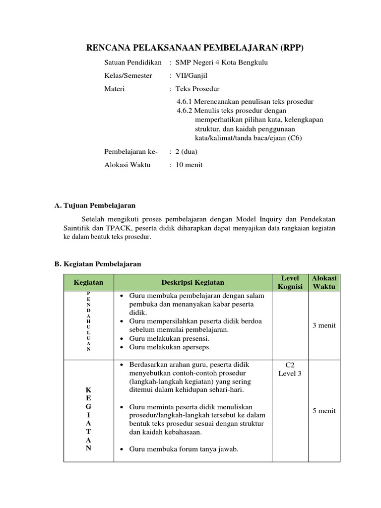 RPP Teks Prosedur Kelas VII SMP | PDF | Karier & Perkembangan | Seni