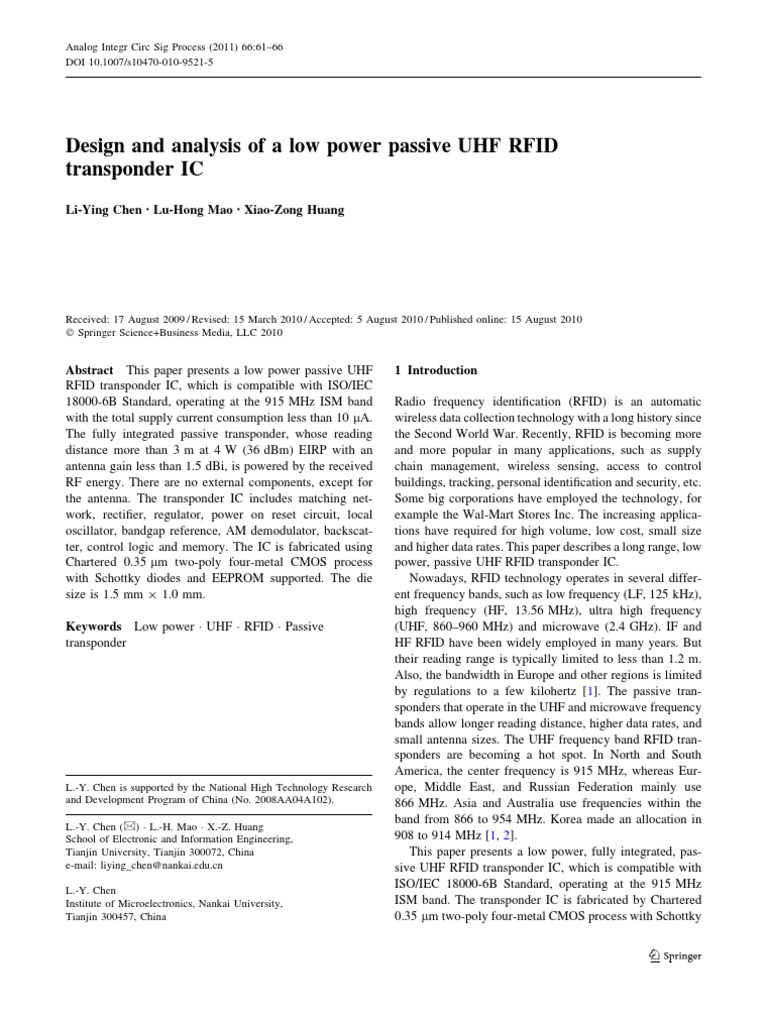 Design and Analysis of A Low Power Passive UHF RFID Transponder IC ...