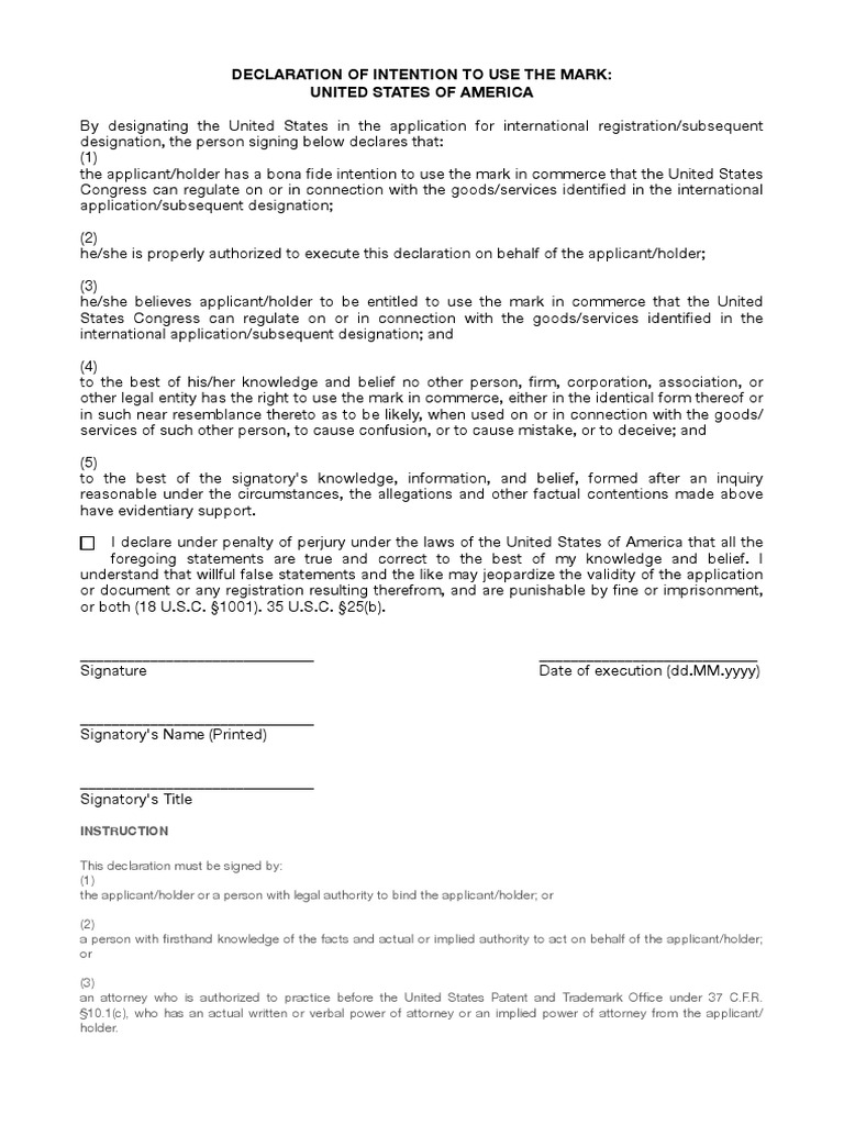 Intent to Use Trademark Declaration | PDF | Intellectual Property Law ...