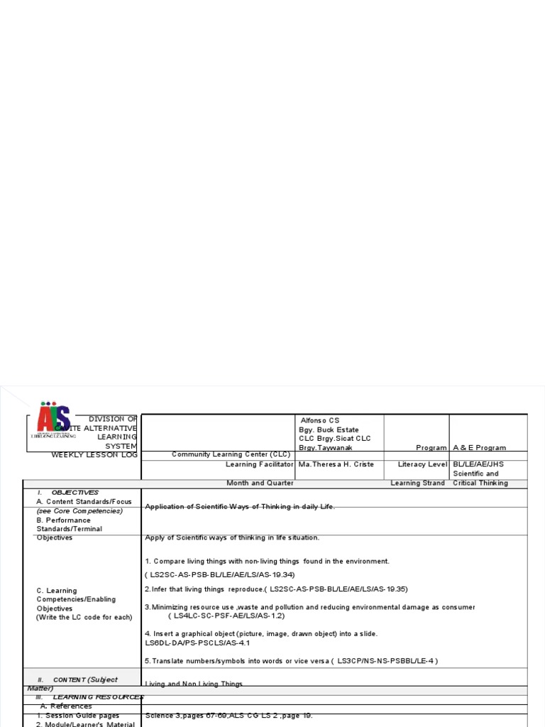 PDF Sample Als Weekly Lesson Log | PDF