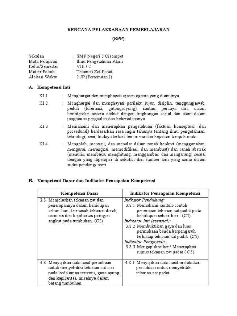 RPP 1 PBL Tekanan Zat Padat | PDF