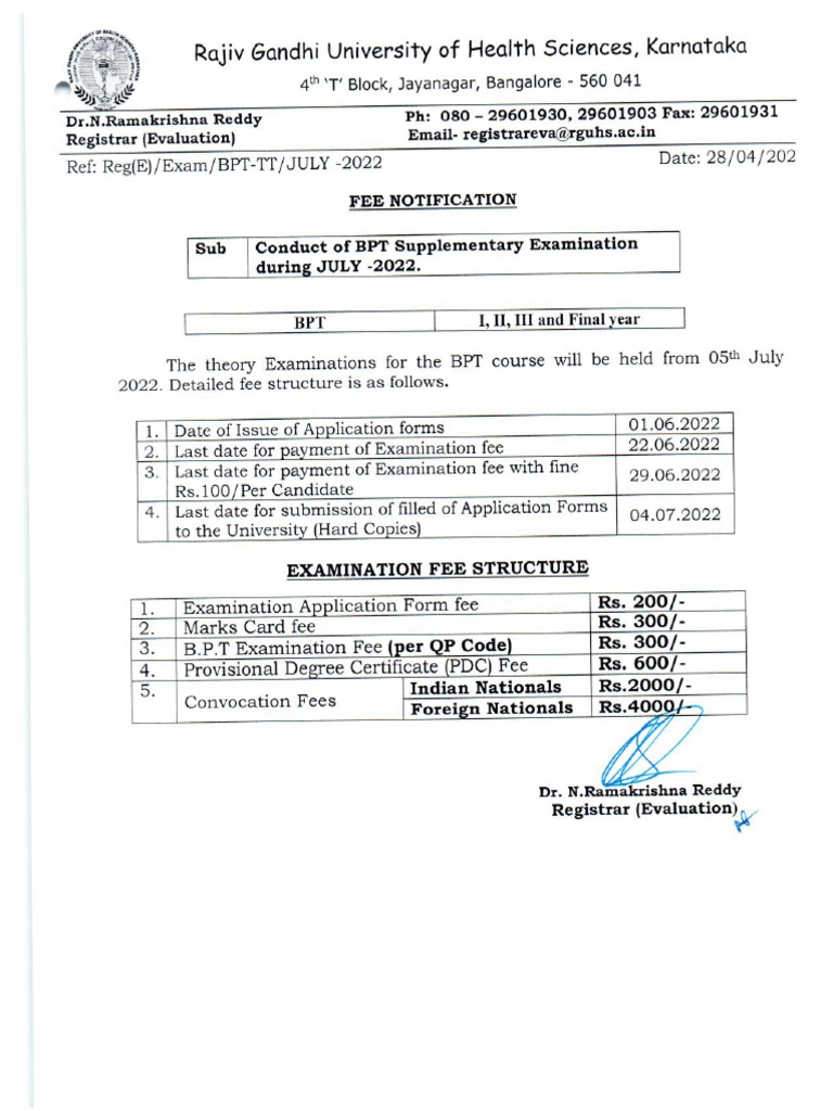 Fee Notification and Time Table For BPT Supplementary Theory ...