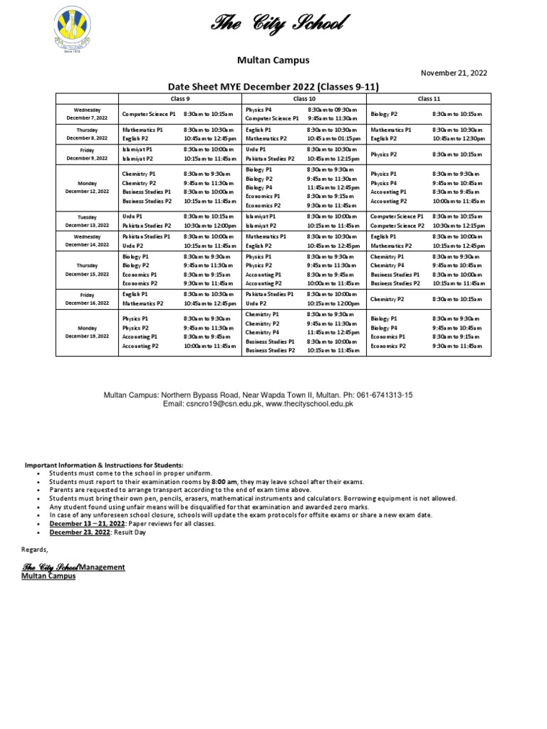 MYE 2022-23 O Level Date Sheet | PDF | Science