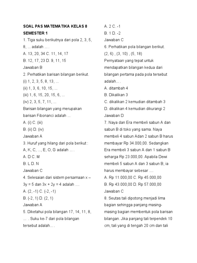 Soal Pas Matematika Kelas 8 Semester 1 | PDF