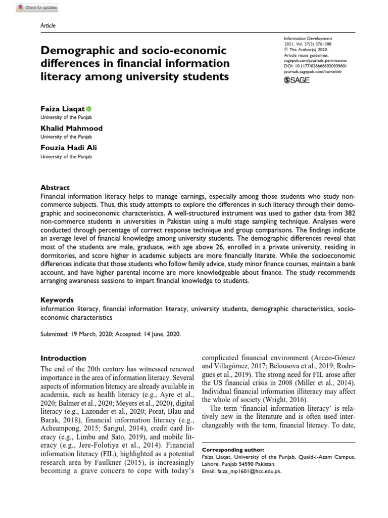 Demographic and Socio-Economic Differences in Financial Information Literacy Among University ...