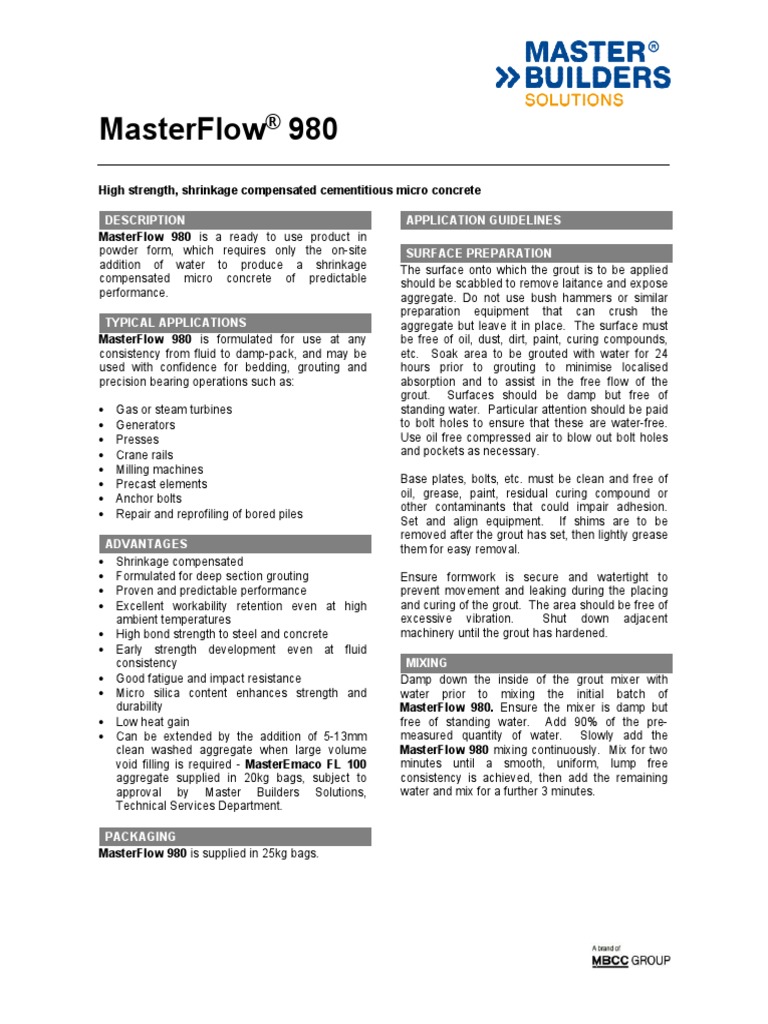 Master Flow 980 Grouting Material Manual | PDF
