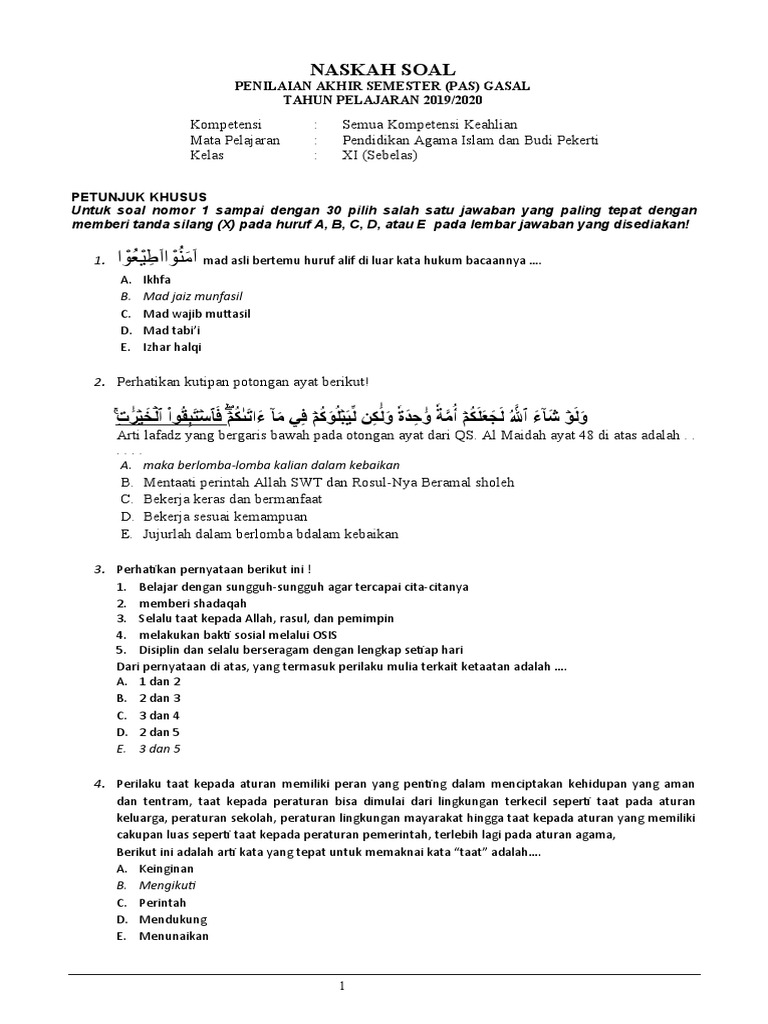 Soal Pai Xi 2019 - 2020 | PDF