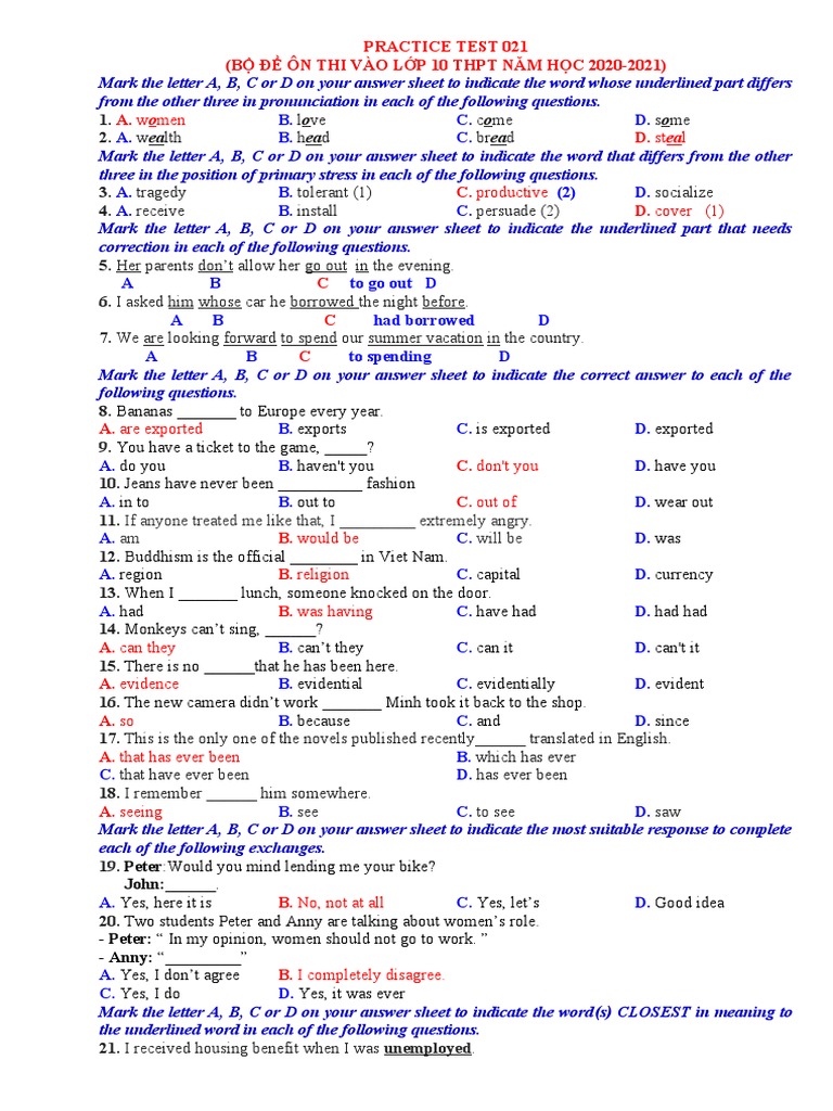 Practice Test 021: A Practice Test for 10th Grade Entrance Exams in the ...