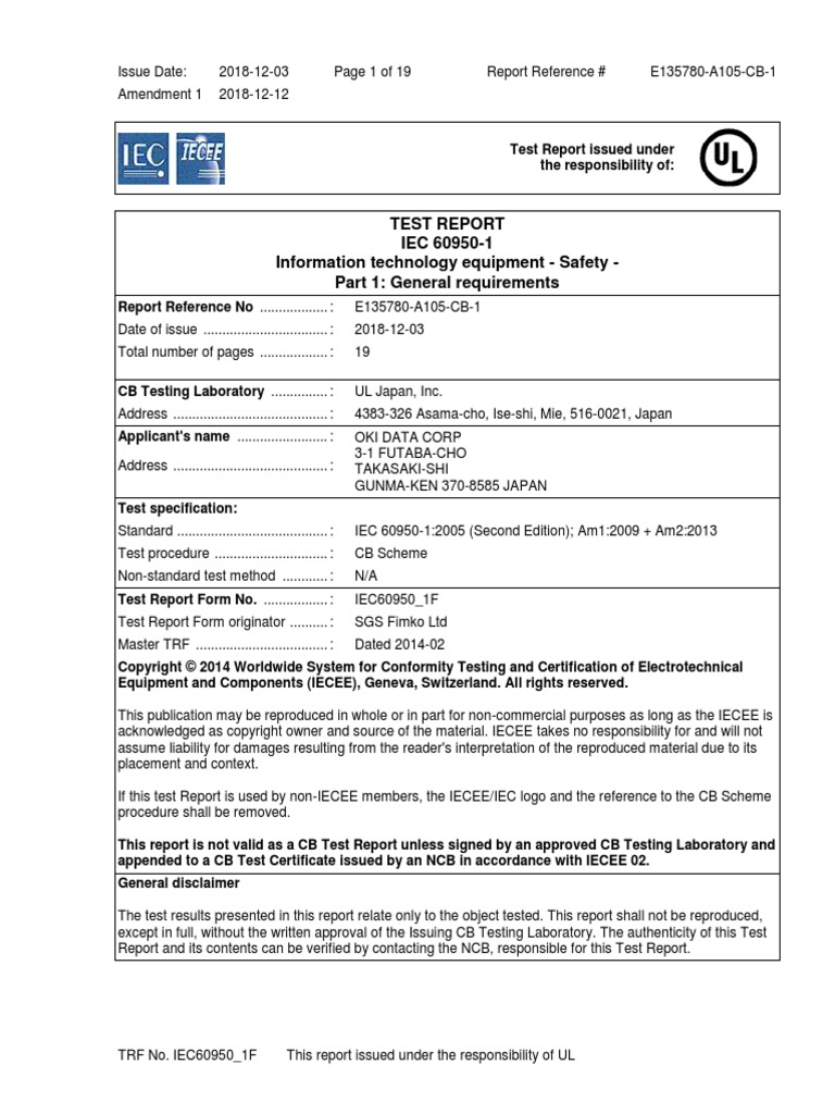 OKI FACTORY TEST REPORT E135780-A105-CB-1-Amendment-1 | PDF ...