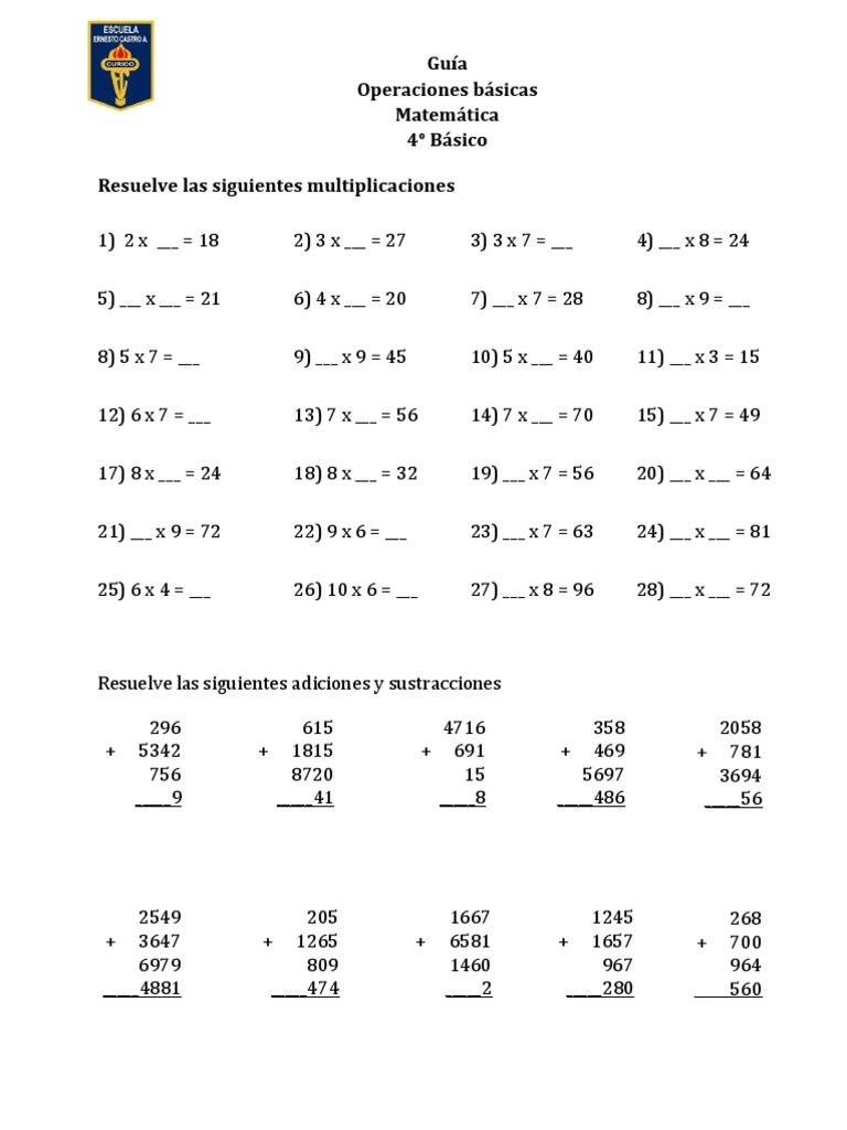Guía de Operaciones Básicas 4° Básico | PDF