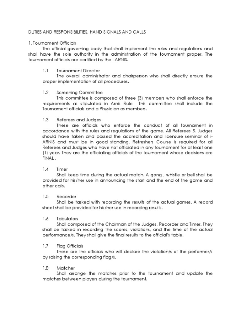Arnis Tournament Official Duties & Signals | PDF | Referee | Arm