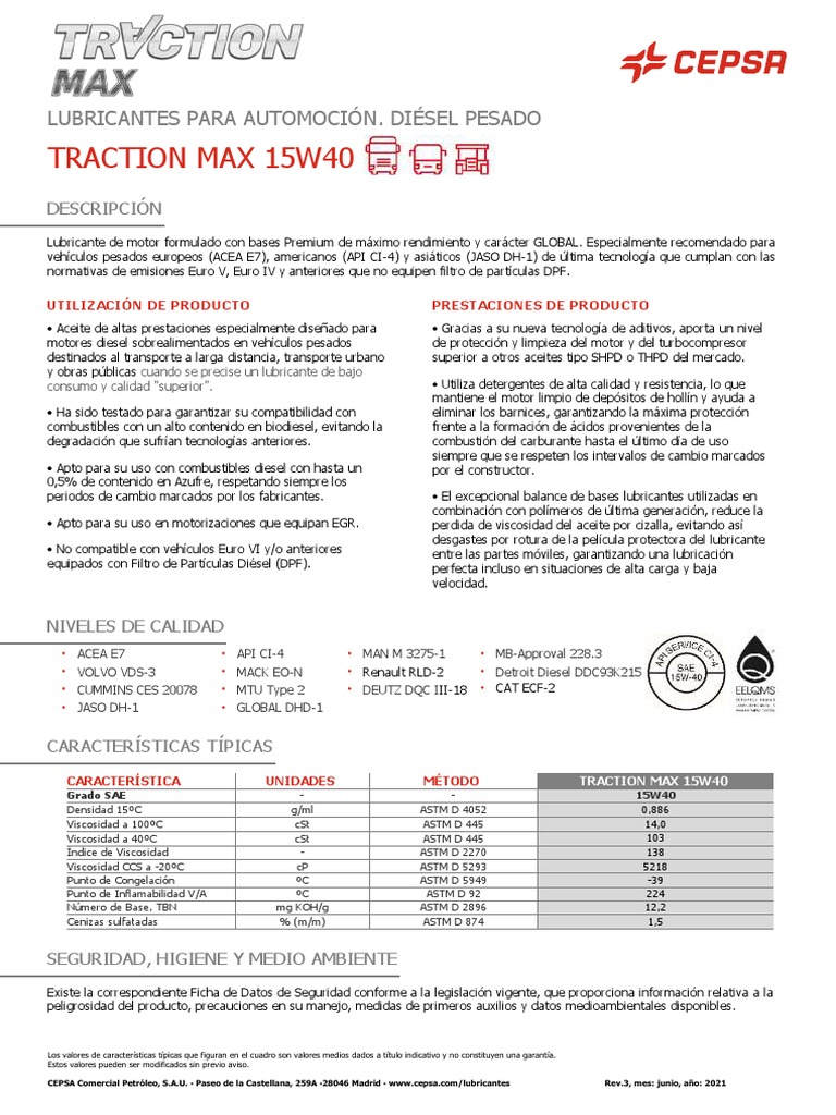 TRACTION MAX 15W40 - Rv3 | PDF | Lubricante | Motor diesel