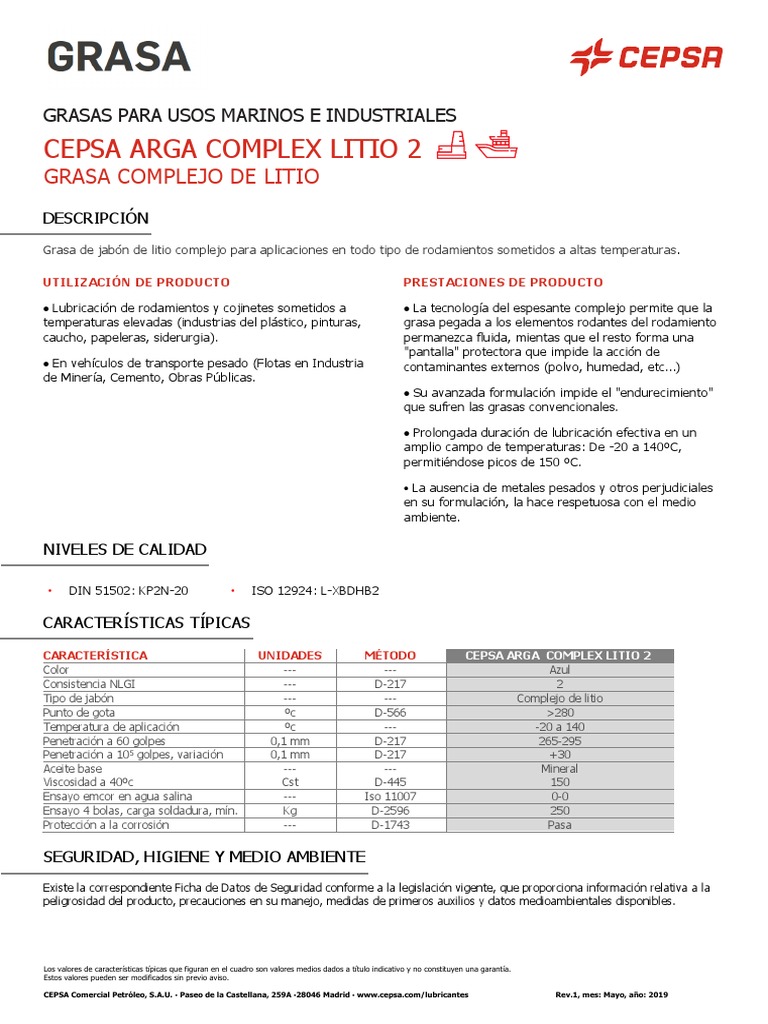 Cepsa Arga Complex Litio 2 | PDF | Rodamiento (Mecánico) | Sustancias químicas