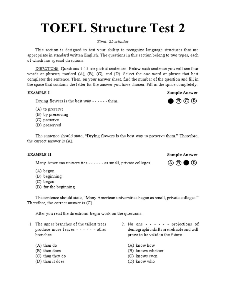 TOEFL Structure Test 2 | PDF | Test Of English As A Foreign Language