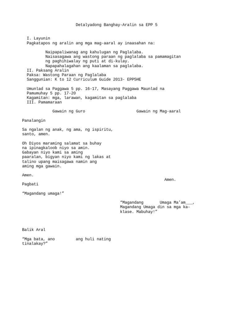 Detalyadong Banghay Aralin Sa EPP 5 | PDF