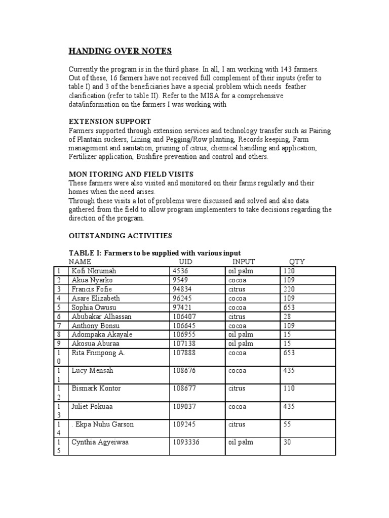 Handing Over Note - Junior | PDF