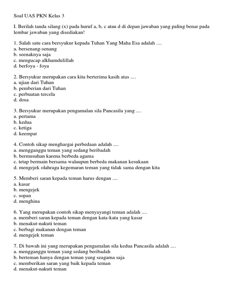 Soal UAS PKN Kelas 3 | PDF