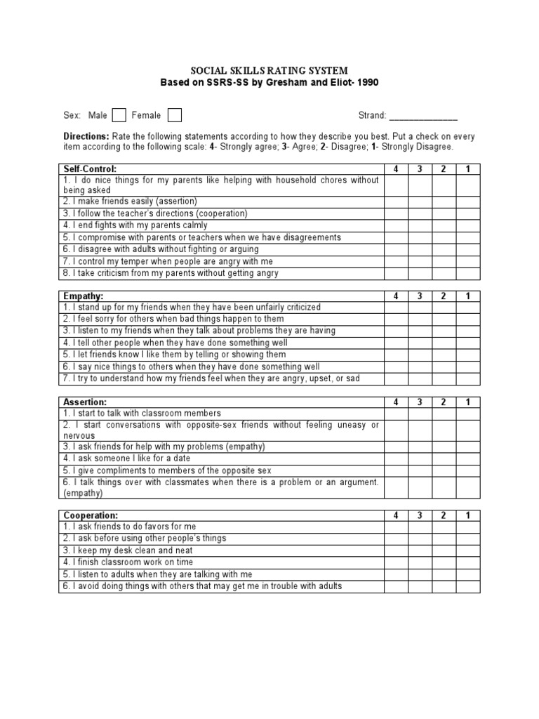 Social Skills Rating System Guide | PDF | Wellness