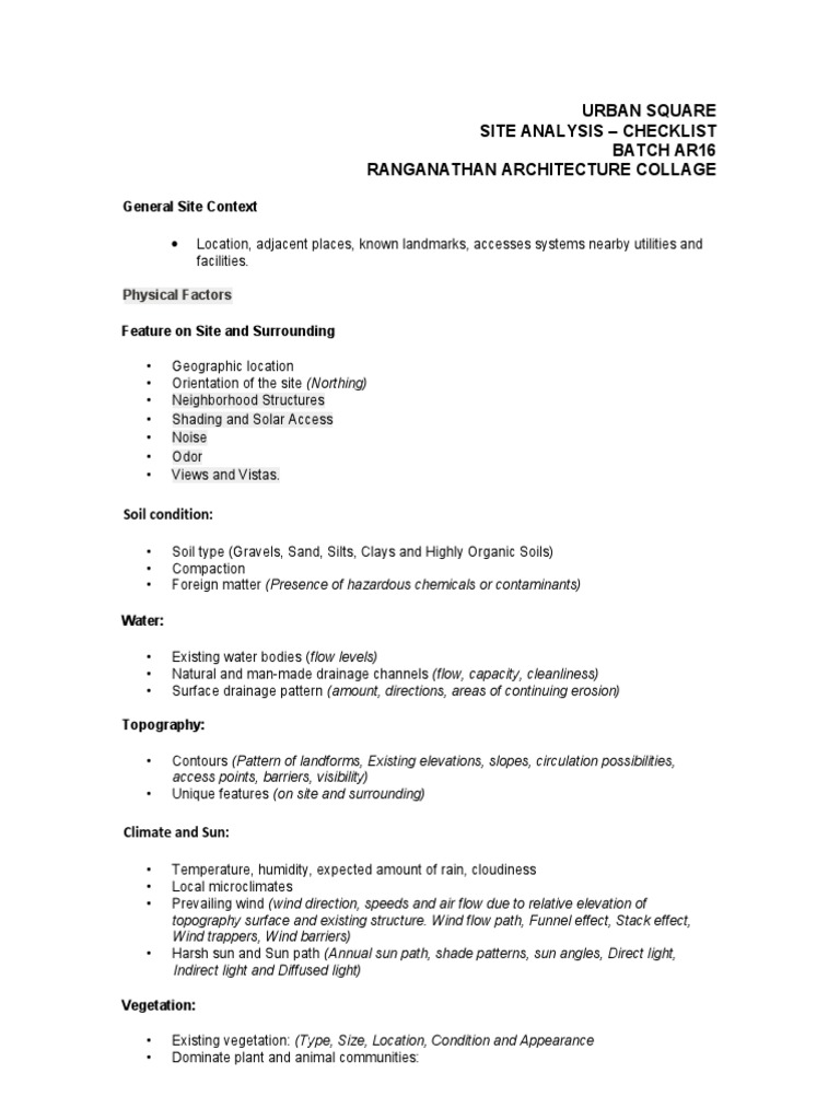 Urban Square Site Analysis Checklist | PDF | Wound | Soil