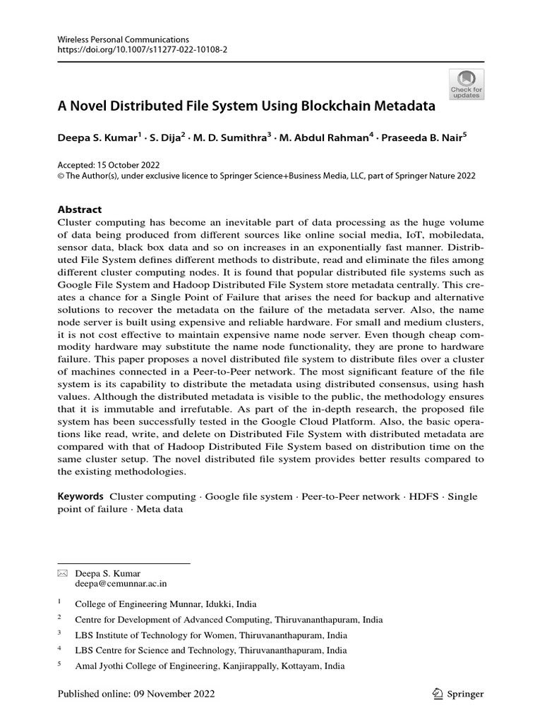 A Novel Distributed File System Using Blockchain Metadata Pdf