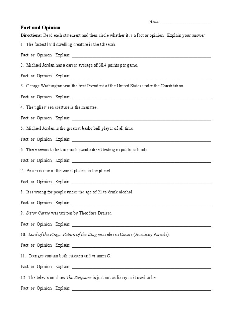 Fact vs. Opinion Worksheet | PDF