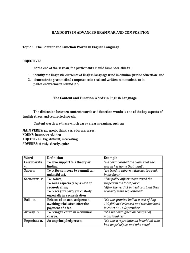 Handouts in Advanced Grammar and Composition | PDF | Verb | Noun