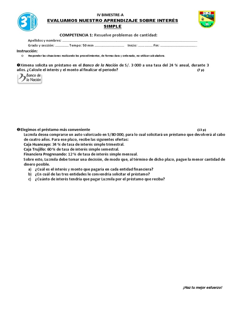 44 Ficha Mat3° Evaluacion-Interes Simple | PDF | Interés | Bancos