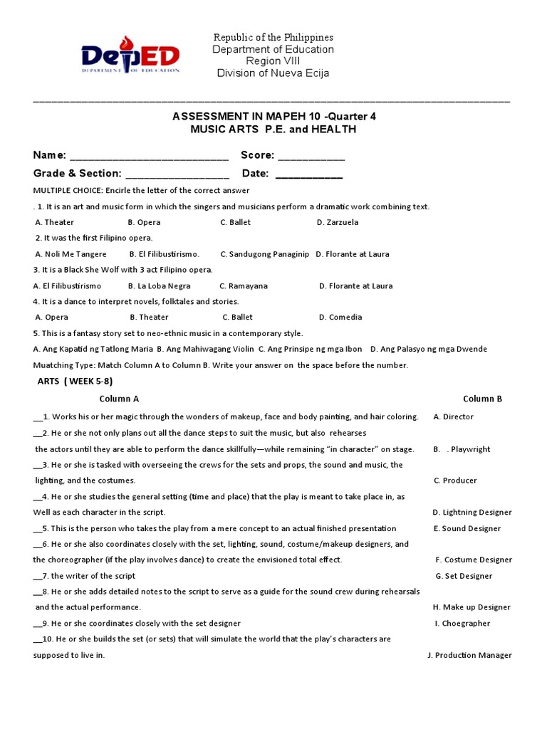 Assessment Grade 10 4TH Mapeh | PDF | Surgery | Medical Specialties