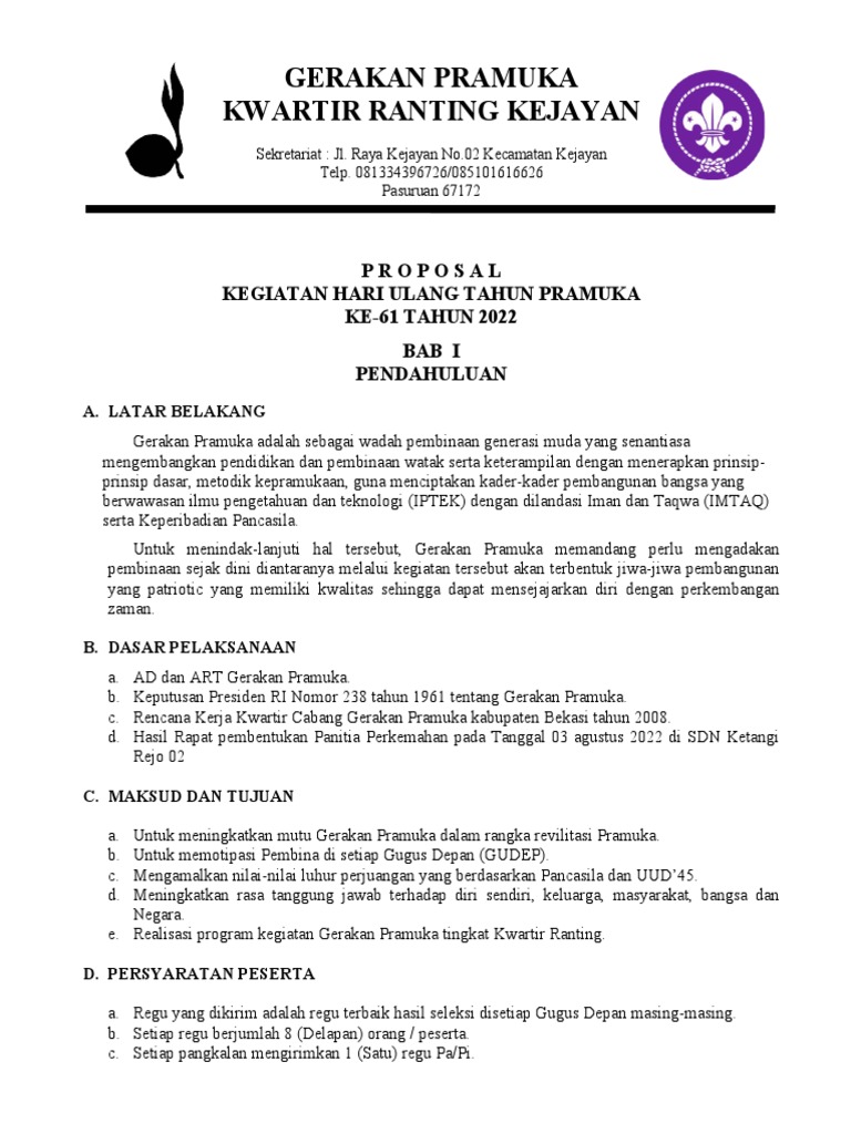 Proposal Perjusami Hut Pramuka Ke 61 Kwarran Kejayan 2022 | PDF